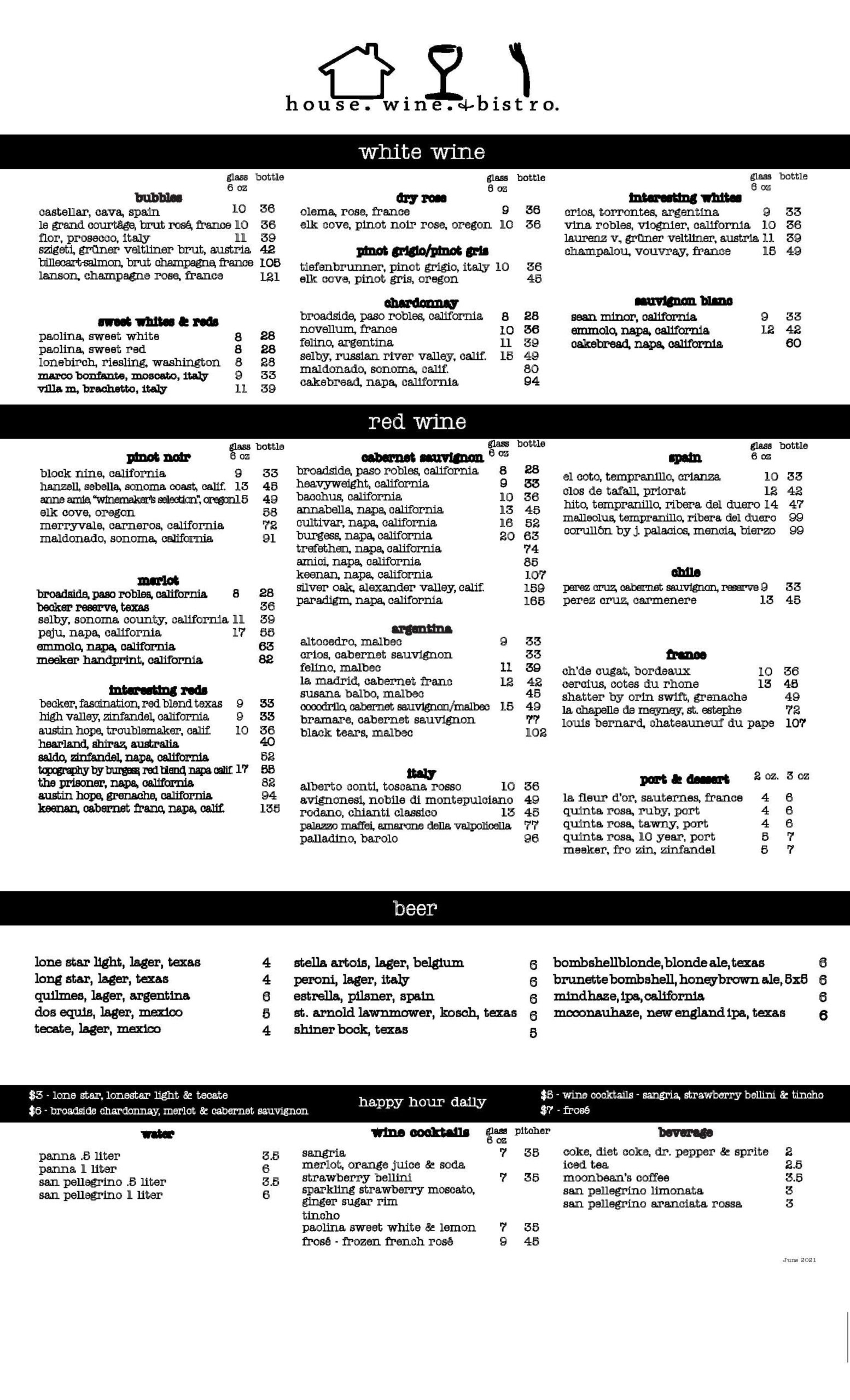 Beverage Menu - house. wine. & bistro.